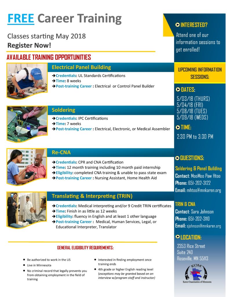FREE Career Training Info Sessions - Karen Organization of Minnesota